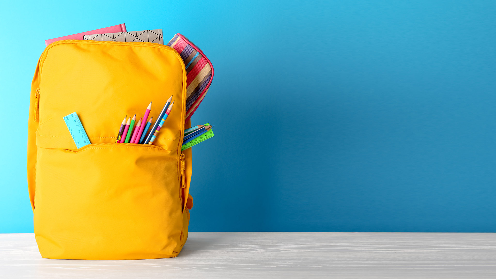 Backpack,With,Different,Colorful,Stationery,On,Table.,Banner,Design ...